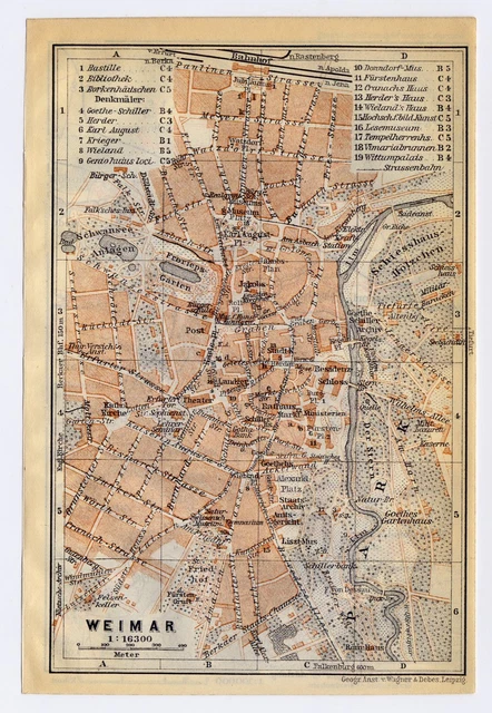 1913 ANTIQUE CITY Map Of Weimar / Map Of Vicinity Of Weimar On Back ...