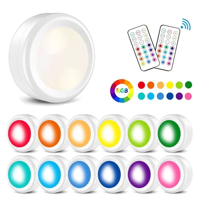 WIRELESS LED PUCK Light 6 Pack Remote Control RGB Color Cabinet Closet ...