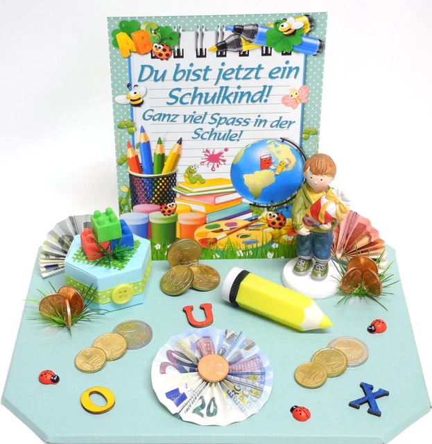 GELDGESCHENK EINSCHULUNG ☘ JUNGE Deko türkis/gelb ☘ Geschenk Schulanfang Karte EUR 17,95 ...