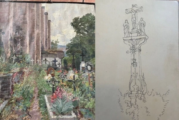 ÖLBILD BEILSTEIN, St. Josef, Friedhof +Zeichnung Kreuz, 1920, Peter ...