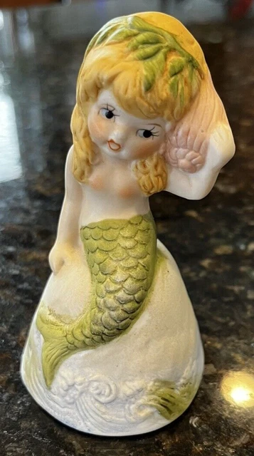 1979 ADORABELLES BISQUE Porcelain Mermaid Bell/Blonde/Green Tail/Conch ...