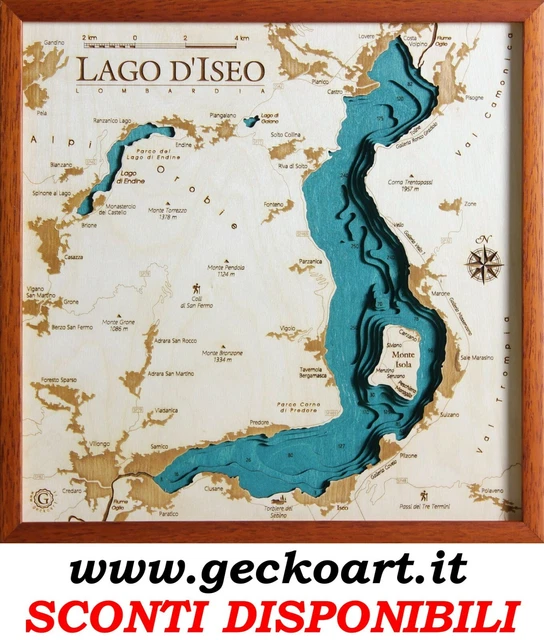 LAGO D'ISEO MAPPA Cartina 3D Quadro Moderno Map Chart | www.geckoart.it ...