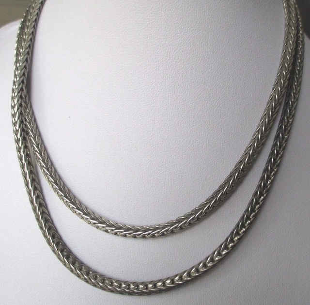 GRAND COLLIER CHAÎNE rétro bijou vintage plaqué argent maille chevron ...