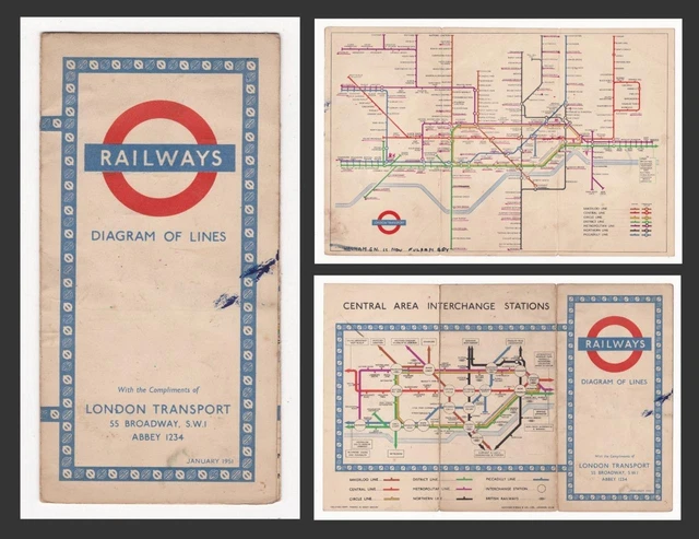 1957, LONDON UNDERGROUND TUBE MAP - Diagram of Lines and Station Index ...