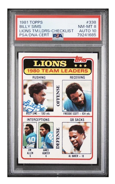1981 TOPPS SIGNÉ Billy Sims Team Leaders RC #338 PSA/ADN AUTO 10 ...