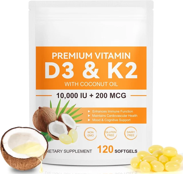 VITAMIN D3 10000 iu Plus K2 200 mcg, 120 Capsules 2 in 1 Vitamin D3 K2 ...