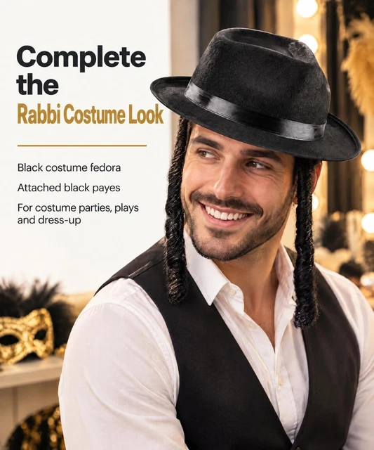 JEWISH RABBI HAT for Adults - Black Fedora Costume with Side Locks ...