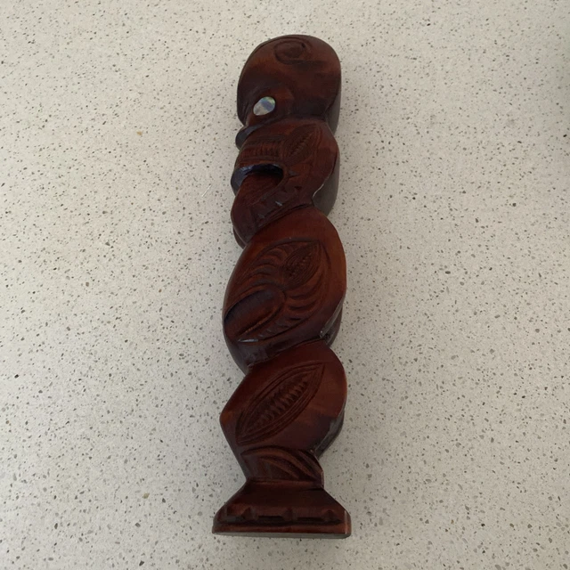 VINTAGE MAORI TIKI Hand Carved Paua Shell Eyes Pacific Island ...