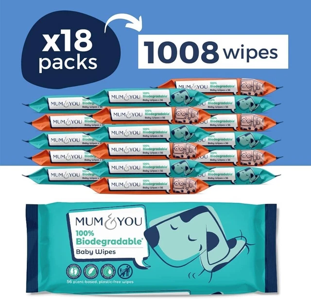 MUM & YOU Biodegradable Baby Wipes Multipack, 1008 Wet Wipes (18 Packs ...