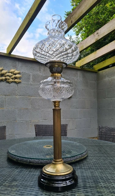 ORIGINAL VICTORIAN CUT glass oil lamp font Optic shade brass base ...