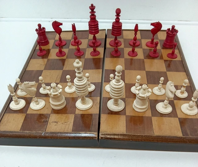 CHESS SET BONE Barleycorn Red and Natural 32 Pcs with Folding Board ...