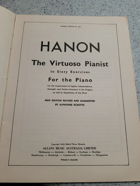 1929 HANON VIRTUOSO Pianist in 60 Exercises Piano Imperial Ed No 595 AUS Vintage EUR 9,01 ...