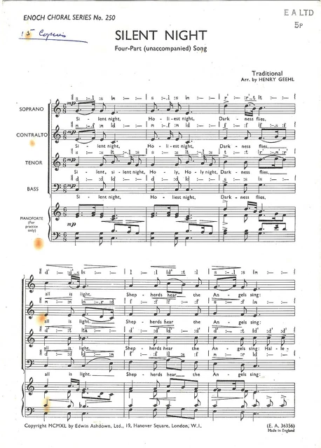 SILENT NIGHT SHEET Music Franz Gruber Henry Geehl mixed Voices L ...