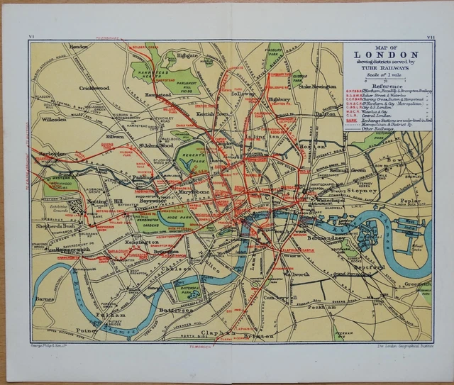 ANTIQUE LONDON UNDERGROUND Map, Tube Stations Railway Companies Vintage ...
