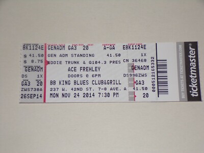 KISS BAND ACE FREHLEY Solo Full Concert Ticket Stub 2014 Tour BB Kings ...