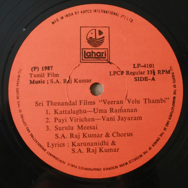 VEERAN VELU THAMBI S.A.Rajkumar Tamil LP Record India-2704 EUR 100,22 ...