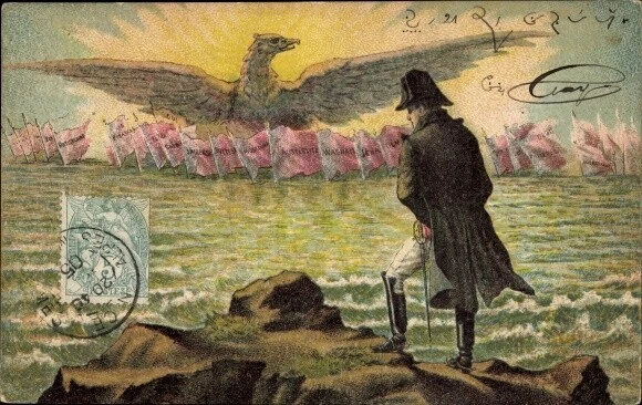 CARTOLINA NAPOLEONE BONAPARTE, aquila, bandiere con battaglie ...