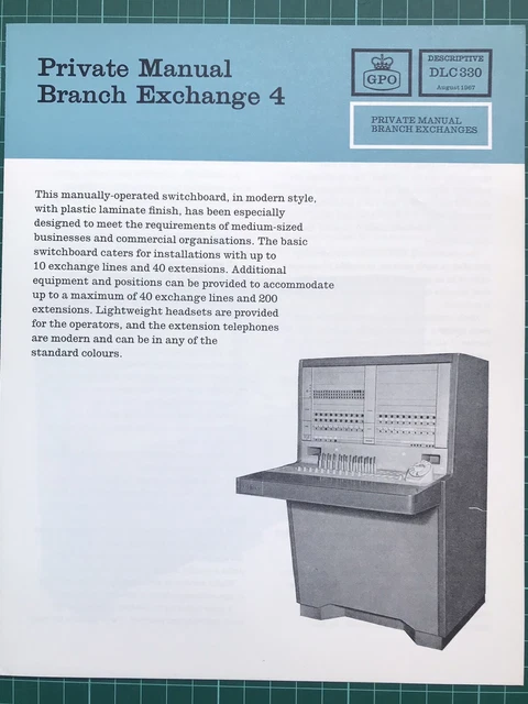 VINTAGE GPO/POST OFFICE PMBX 4 Switchboard Descriptive Leaflet, DLC 330 ...