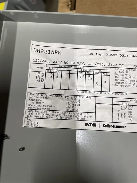 EATON DH221NRK SAFETY Switch Heavy Duty, 30A 240V, 3 Wire Fusible ...