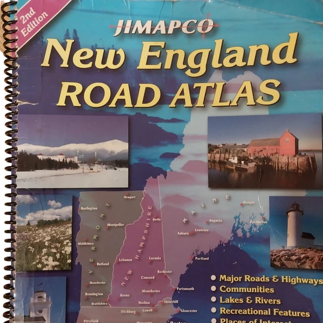 NEW ENGLAND ROAD Atlas Map By JIMAPCO 2nd Edition Lakes Rivers Roads ...