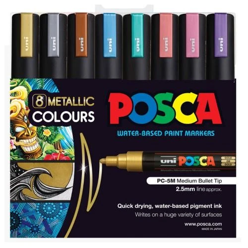 UNI PC5MMET8P POSCA PC-5M Marker 1.8-2.5mm Med Bullet 8 Pack Metallic ...