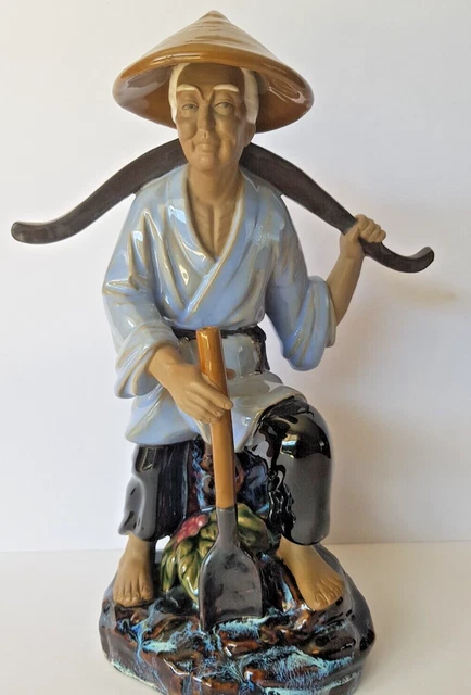 GRANDE FIGURINE STATUETTE en grès, céramique Wan Jiang, porteur d'eau ...