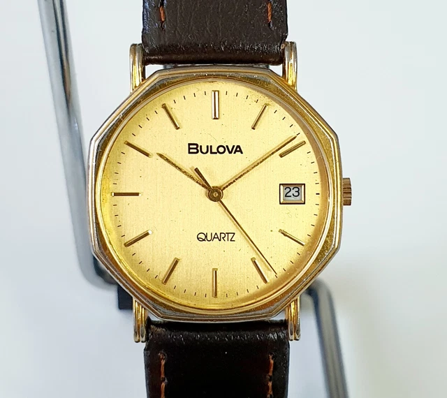 1980S BULOVA WATCH Mens Gold Tone Octagonal Shaped Case Quartz Date New ...
