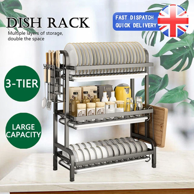 3 TIER DISH Drainer Rack with Drip Tray Cutlery Holder Plate Rack ...