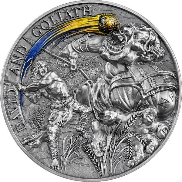 DAVID AND GOLIATH 2oz Antique finish Silver Coin 10 Cedis Republic of ...