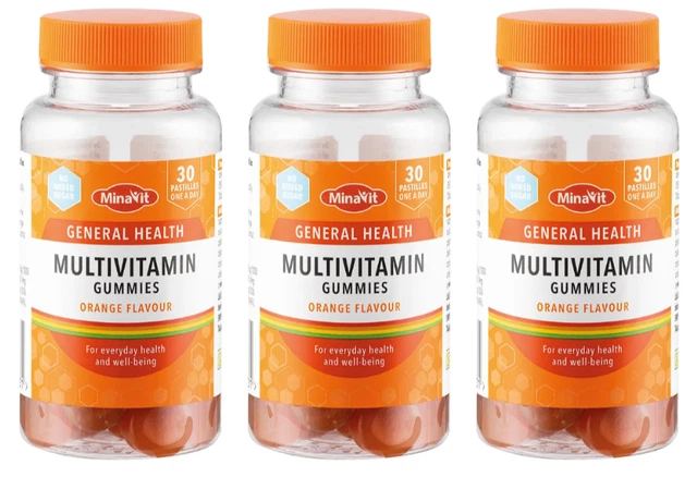 3 X MINAVIT Multivitamin Gummies Orange Flavour 30 Gummies Per Bottle £ ...