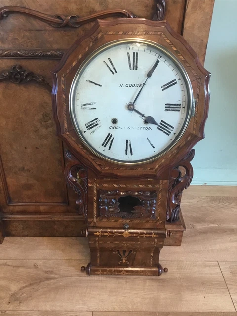 A BEAUTIFUL ANTIQUE American Inlaid Walnut ,8-Day Drop Box Wall Clock. £395.00 - PicClick UK