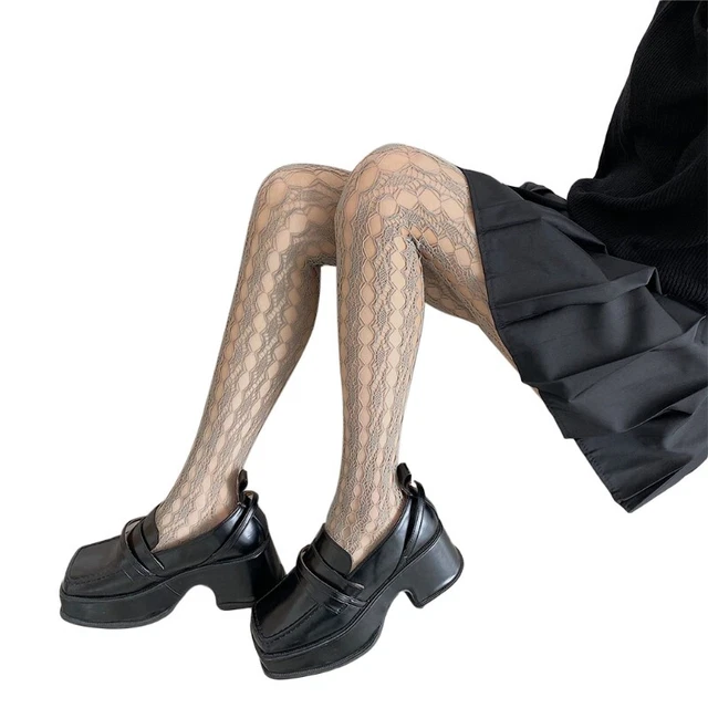 WOMEN FISHNET LACE Pantyhose Harajuku Hollow Out Texture Sheer Tights ...