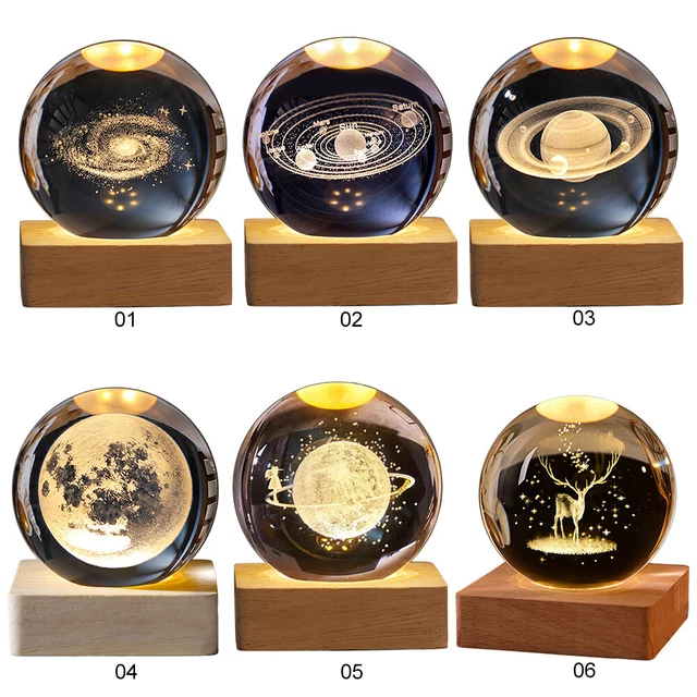 3D ENGRAVED LED Crystal Ball Light with Wooden Base USB Charging for ...