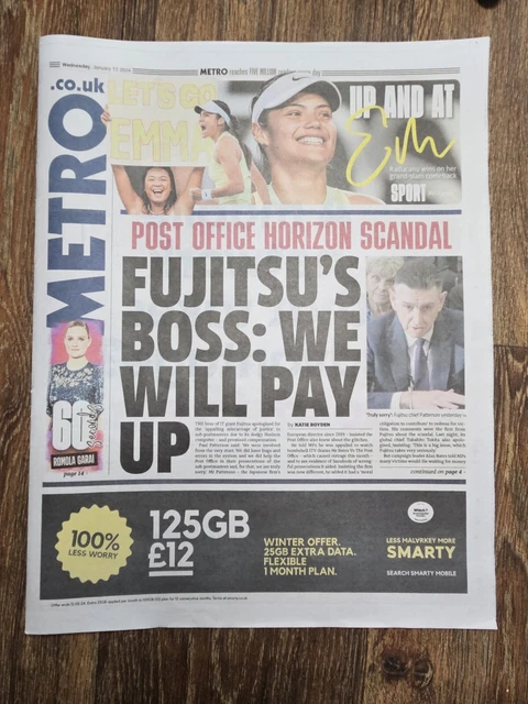 METRO NEWSPAPER 17TH January 2024 Emma Raducanu Australian Open Article ...