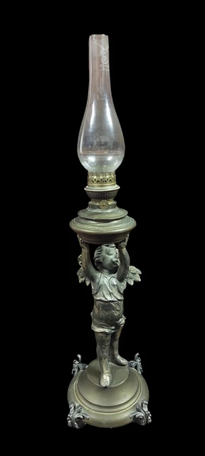 ANTIQUE OIL LAMP Putto 19th Century Antimony Brass Glass £237.07 ...