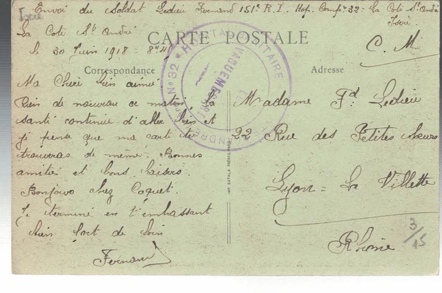 CACHET HOPITAL SANITAIRE N°32 LA COTE St ANDRÉ (Isère) sur CP locale ...