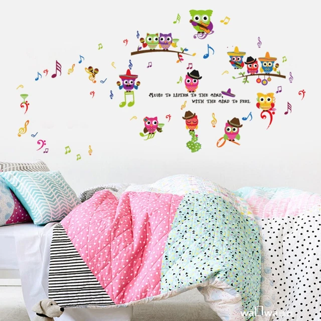 PVC AMOVIBLE DESSIN animé musical hibou animal mur autocollant stickers ...