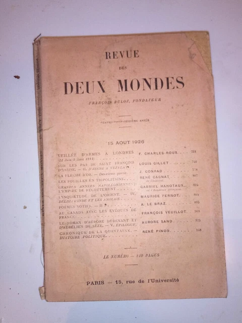 REVUE DES DEUX mondes 15 Août 1926/ François Buloz EUR 5,00 - PicClick FR