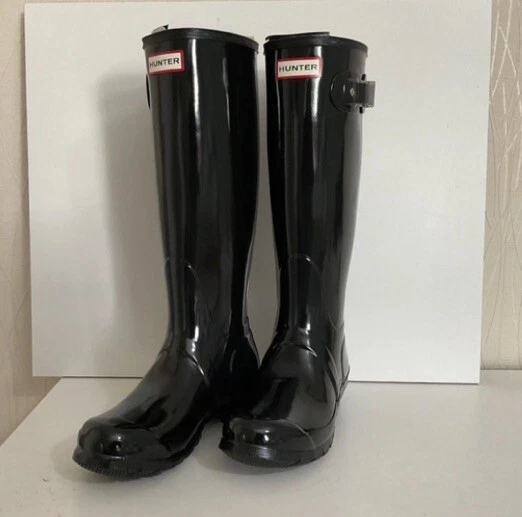 LADIES HUNTER WELLIES Original Tall Gloss Wellington Boots Black Size ...