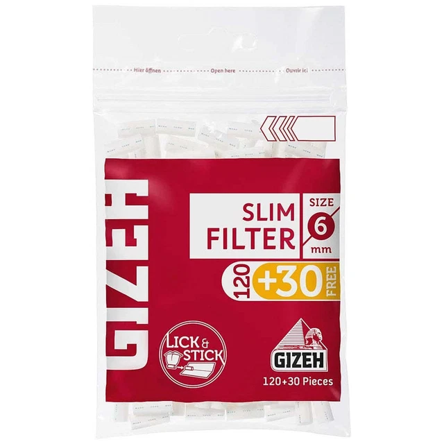 GIZEH SLIM FILTER 6 mm for slim Roll Ups x 10 packs x 120 filter total ...