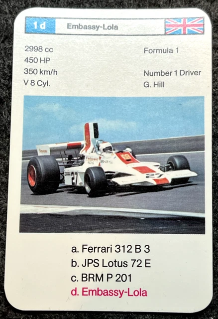 VINTAGE 1970'S TOP TRUMPS RACING CARS EMBASSY-LOLA GRAHAM HILL F-1 CARD ...