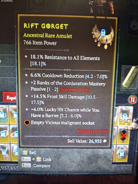 DIABLO 4 SEASON 80 Sorc Amulet 2 Conjuration Mastery Lucky Hit Cooldown ...