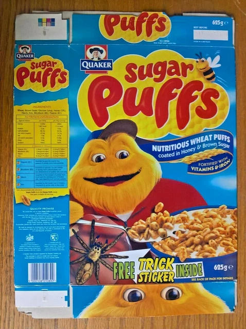 QUAKER SUGAR PUFFS complete empty cereal box packet: Trick Stickers £9. ...