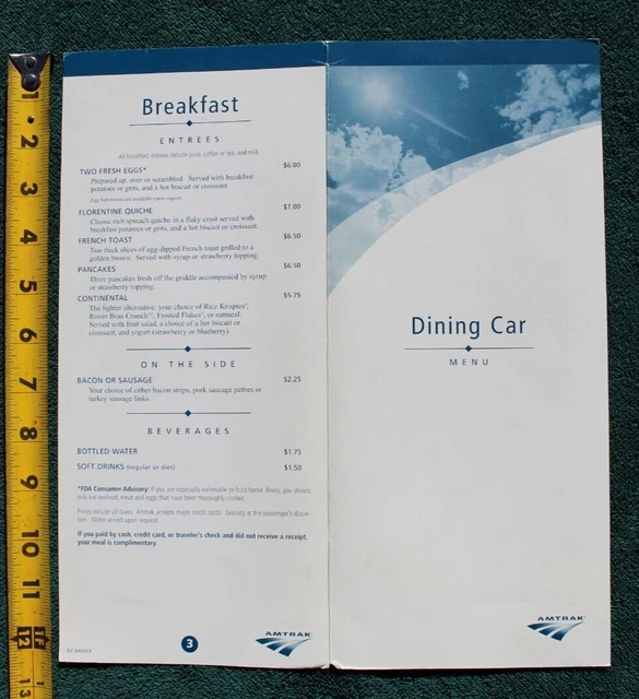 AMTRAK RAILWAY MENU Train Dining Car Railroad Menu Breakfast Lunch ...