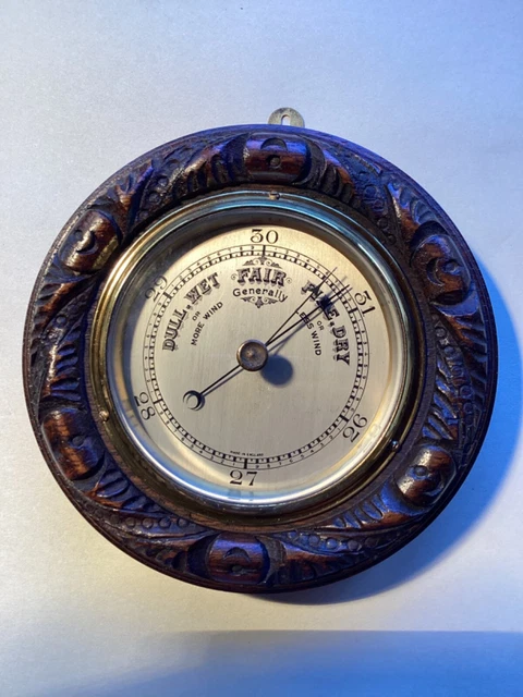 ANTIQUE ROUND WALL Barometer Turned & Carved Wood Surround EUR 34,84 ...