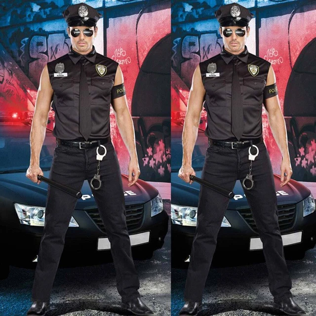 MENS COP UNIFORM Policeman US Police Man Terminator Fancy Dress Costume ...