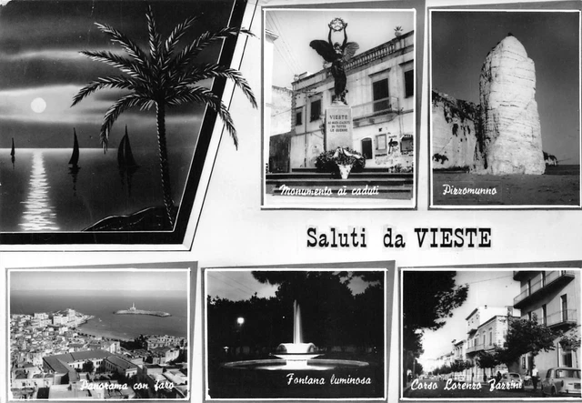 AL7-68B) CARTOLINA SALUTI Da Vieste Vedute Monumento Caduti Pizzomunno ...