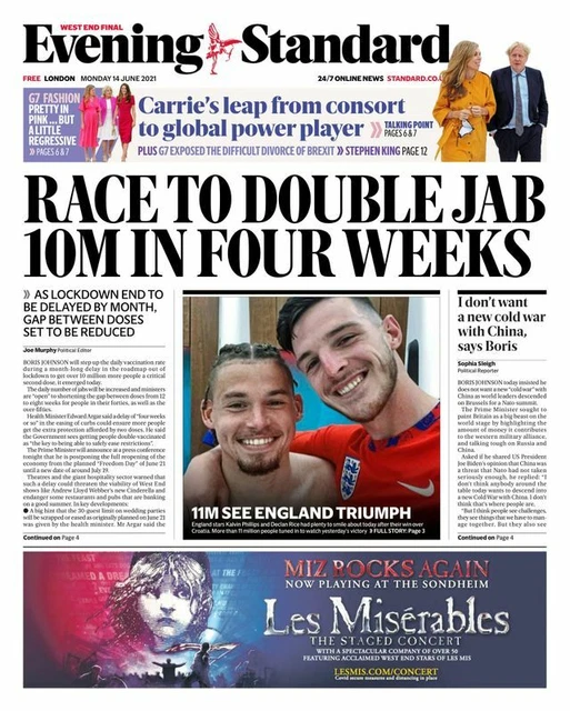EVENING STANDARD NEWSPAPER - ENGLAND WIN 1ST EURO GAME - CORONA - 14 ...