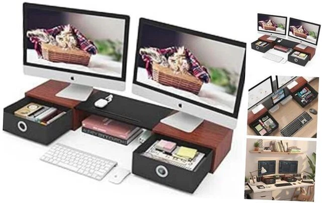 DUAL MONITOR STAND Riser with Two Drawers, Extra Large Storage Monitor ...