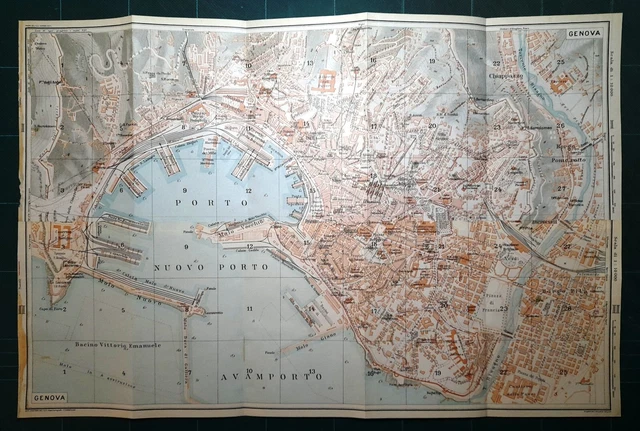 CARTA GEOGRAFICA ANTICA GENOVA Pianta della città e porto TCI 1924 ...